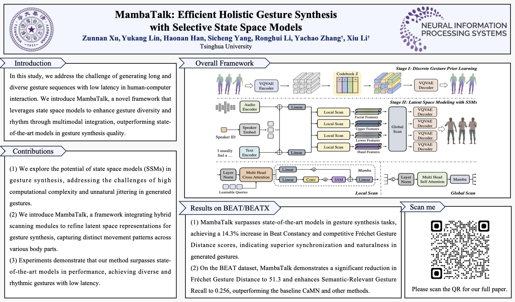 NeurIPS Poster MambaTalk: Efficient Holistic Gesture Synthesis with Selective State Space Models